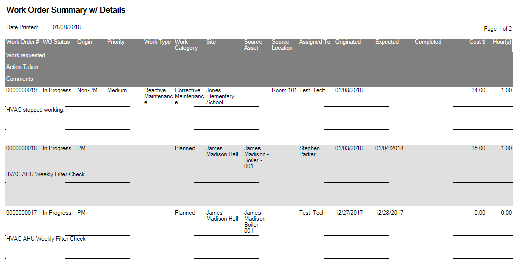 Work order reporting