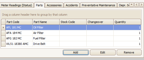 Parts tab - Adding Parts