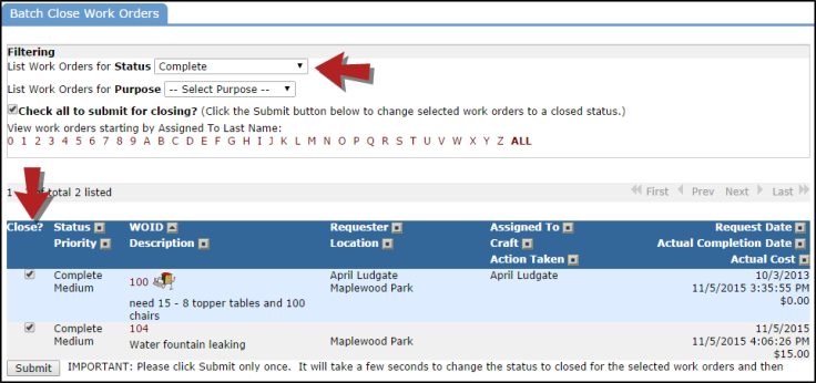 Batch Closing Work Orders